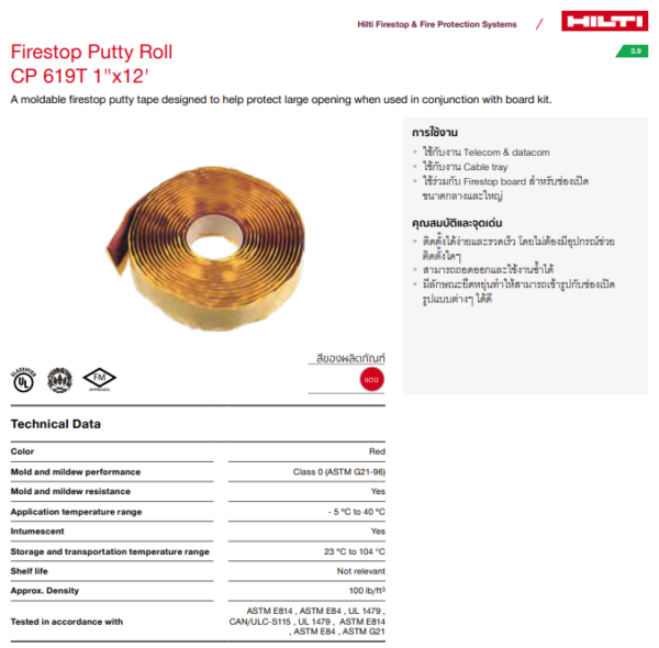 Firestop Putty Roll CP 619T 1"x12' - Bitec Enterprise